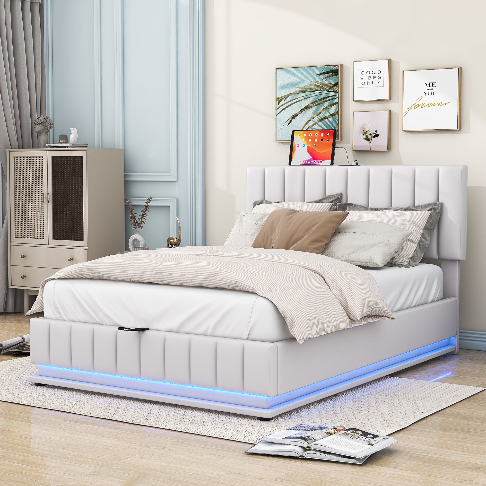 Christann Vegan Upholstered Bed with Storage and LED Light Brayden Studio Color White Size Queen
